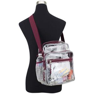 Eastsport Stadium Approved Clear Bag w/Adjustable Crossbody Strap 12” x 10” x 6” – See Through Transparent Messenger Bag - Burgandy