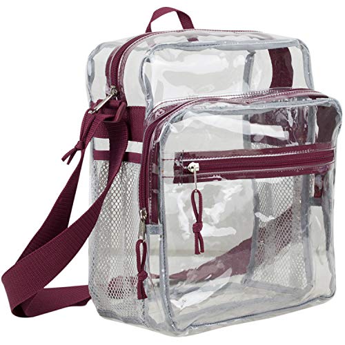 Eastsport Stadium Approved Clear Bag w/Adjustable Crossbody Strap 12” x 10” x 6” – See Through Transparent Messenger Bag - Burgandy