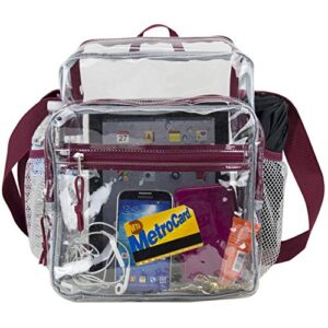 Eastsport Stadium Approved Clear Bag w/Adjustable Crossbody Strap 12” x 10” x 6” – See Through Transparent Messenger Bag - Burgandy