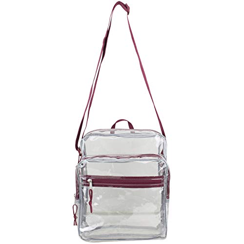 Eastsport Stadium Approved Clear Bag w/Adjustable Crossbody Strap 12” x 10” x 6” – See Through Transparent Messenger Bag - Burgandy