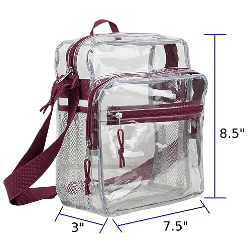 Eastsport Stadium Approved Clear Bag w/Adjustable Crossbody Strap 12” x 10” x 6” – See Through Transparent Messenger Bag - Burgandy