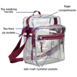 Eastsport Stadium Approved Clear Bag w/Adjustable Crossbody Strap 12” x 10” x 6” – See Through Transparent Messenger Bag - Burgandy