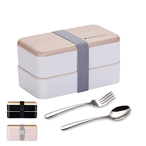 Original Bento Box Lunch Box Japanese Style 2 Layer Food Containers with Utensils Spoon and Fork Bundle Divider Salad Box for Men Women(White)