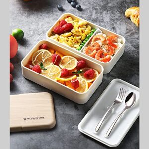 Original Bento Box Lunch Box Japanese Style 2 Layer Food Containers with Utensils Spoon and Fork Bundle Divider Salad Box for Men Women(White)