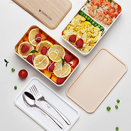 Original Bento Box Lunch Box Japanese Style 2 Layer Food Containers with Utensils Spoon and Fork Bundle Divider Salad Box for Men Women(White)