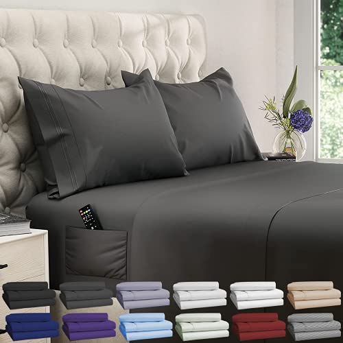 DREAMCARE Twin XL Sheets - Cooling Bed Sheets - 4pcs Set - XL Twin Sheet Set - Twin XL Fitted Sheet - Extra Long Twin Sheets Soft & Long Lasting 100% Fine Brushed Polyester with Side Pocket - Gray