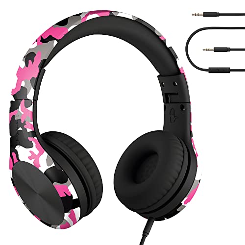 LilGadgets Connect+ Pro Girls Headphones for School - Designed with Kids' Comfort in Mind, Foldable Over-Ear Headset with in-line Microphone, Audiophile Headphone, Pink Camo