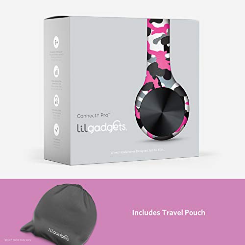 LilGadgets Connect+ Pro Girls Headphones for School - Designed with Kids' Comfort in Mind, Foldable Over-Ear Headset with in-line Microphone, Audiophile Headphone, Pink Camo