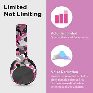 LilGadgets Connect+ Pro Girls Headphones for School - Designed with Kids' Comfort in Mind, Foldable Over-Ear Headset with in-line Microphone, Audiophile Headphone, Pink Camo