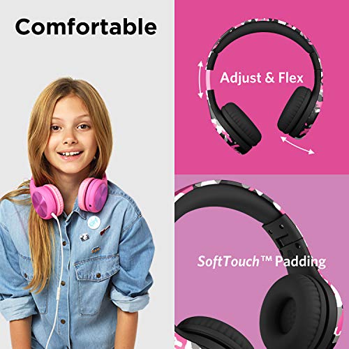 LilGadgets Connect+ Pro Girls Headphones for School - Designed with Kids' Comfort in Mind, Foldable Over-Ear Headset with in-line Microphone, Audiophile Headphone, Pink Camo