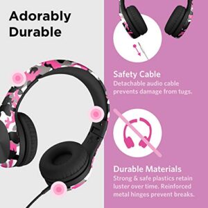 LilGadgets Connect+ Pro Girls Headphones for School - Designed with Kids' Comfort in Mind, Foldable Over-Ear Headset with in-line Microphone, Audiophile Headphone, Pink Camo