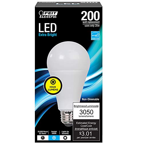 Feit Electric 200W Equivalent LED Light Bulb, A21 Led Bulb, Non Dimmable, 3050 Lumens, 5000k Daylight, 22 Year Lifetime E26 Base, Bright High Output LED Bulb, OM200/850/LED