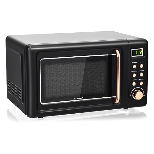 COSTWAY Retro Countertop Microwave Oven, 0.7Cu.ft, 700-Watt, High Energy Efficiency, 5 Micro Power, Delayed Start Function, with Glass Turntable & Viewing Window, LED Display, Child Lock (Gold)