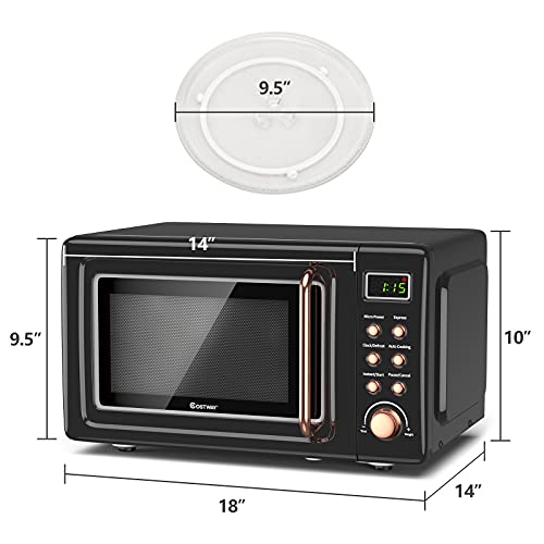 COSTWAY Retro Countertop Microwave Oven, 0.7Cu.ft, 700-Watt, High Energy Efficiency, 5 Micro Power, Delayed Start Function, with Glass Turntable & Viewing Window, LED Display, Child Lock (Gold)