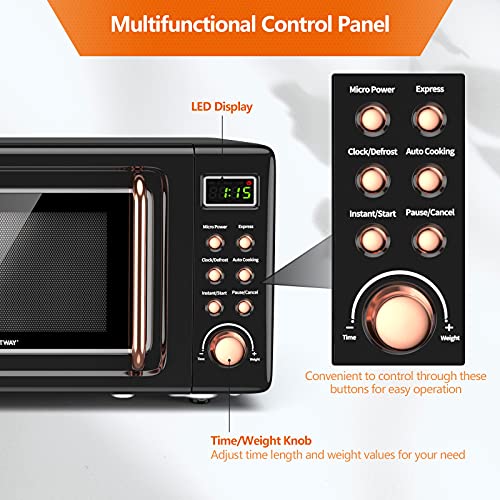 COSTWAY Retro Countertop Microwave Oven, 0.7Cu.ft, 700-Watt, High Energy Efficiency, 5 Micro Power, Delayed Start Function, with Glass Turntable & Viewing Window, LED Display, Child Lock (Gold)