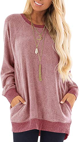 Womens Oversized Crew Neck Sweatshirt Tunic with Pockets Plus Size Long Sleeve Round Neck Shirts Blouses Tops Sweater (Red, XXX-Large)