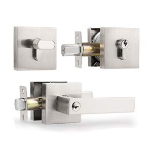 entry door handle set with single cylinder deadbolts, satin nickel finish door levers with lock&keys, contemporary modern style door handleset combo pack, keyed alike per set