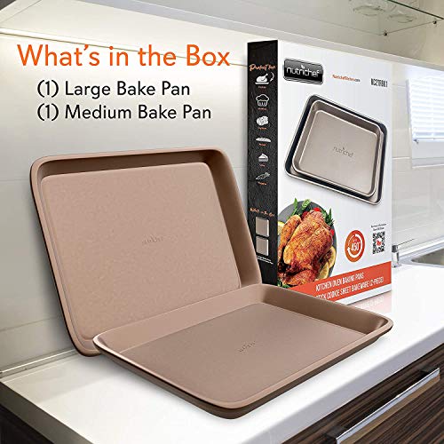 NutriChef Nonstick Cookie Sheet Baking Pan | 2pc Large and Medium Metal Oven Baking Tray - Professional Quality Kitchen Cooking Non-Stick Bake Trays w/Rimmed Borders, Guaranteed NOT to Wrap