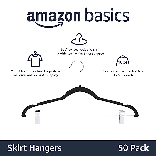 Amazon Basics Velvet, Non-Slip Skirt Clothes Hangers with Clips, Pack of 50, Black/Silver