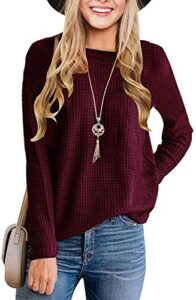 merokeety women's long sleeve waffle knit sweater crew neck solid color pullover jumper tops wine