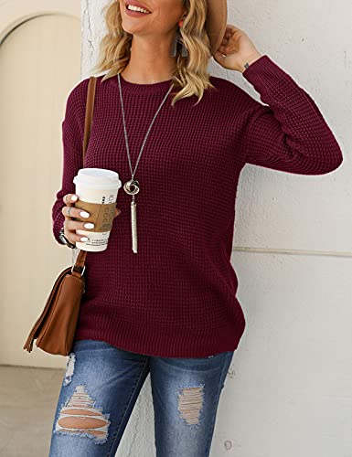 MEROKEETY Women's Long Sleeve Waffle Knit Sweater Crew Neck Solid Color Pullover Jumper Tops Wine