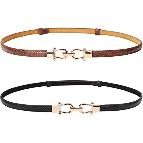 JASGOOD Leather Skinny Women Belt Thin Waist Belts for Dresses up to 37 Inches with Golden Buckle 2 Pack (02-Black+Brown, Waist size below 37 Inches)