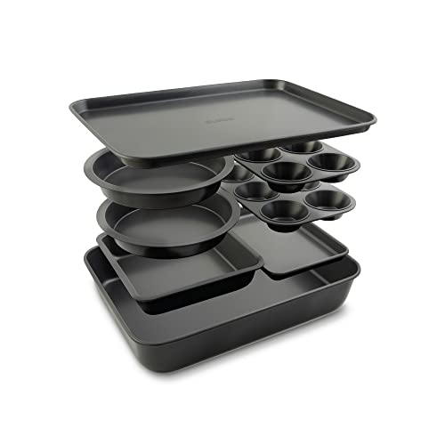 Elbee Home 8-Piece Nonstick Aluminized Steel, Space Saving Baking Set , With Deep Roasting Pan, Cookie Sheet, Cake Pans, Muffin Pans and Baking Pan PFOA & PFOS Free