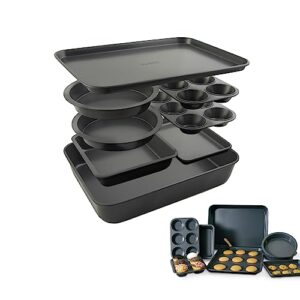 elbee home 8-piece nonstick aluminized steel, space saving baking set , with deep roasting pan, cookie sheet, cake pans, muffin pans and baking pan pfoa & pfos free