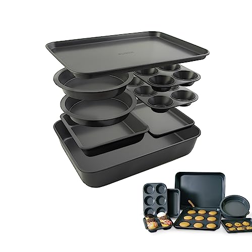 Elbee Home 8-Piece Nonstick Aluminized Steel, Space Saving Baking Set , With Deep Roasting Pan, Cookie Sheet, Cake Pans, Muffin Pans and Baking Pan PFOA & PFOS Free