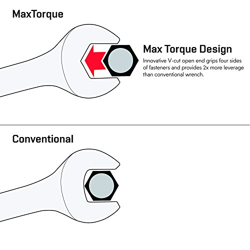 Max Torque 15-Piece Premium Combination Wrench Set, Complete SAE Inch Sizes from 1/4” to 1” with Rack Organizer | Cr-V Steel, Mirror Chrome Finish, Long Pattern, V-Groove Open End and 12-Point Box End