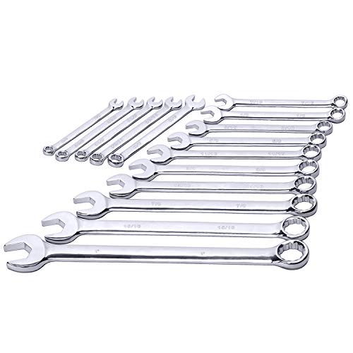 Max Torque 15-Piece Premium Combination Wrench Set, Complete SAE Inch Sizes from 1/4” to 1” with Rack Organizer | Cr-V Steel, Mirror Chrome Finish, Long Pattern, V-Groove Open End and 12-Point Box End