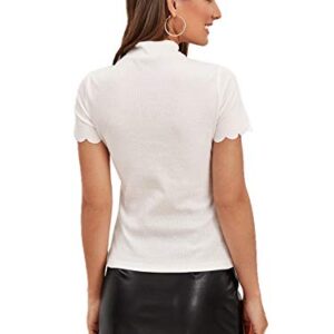 SweatyRocks Women's Mock Neck Ribbed Knit Scallop Short Sleeve T Shirt Tops White M