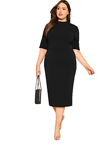 Floerns Women's Plus Size Mock Neck Short Sleeve Bodycon Pencil Midi Dress Black Pure 2XL