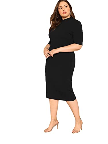 Floerns Women's Plus Size Mock Neck Short Sleeve Bodycon Pencil Midi Dress Black Pure 2XL