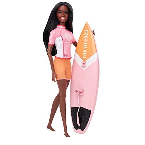 Barbie Olympic Games Tokyo 2020 Surfer Doll with Surf Uniform, Tokyo 2020 Jacket, Medal, Tokyo 2020 Surfboard with Fins for Ages 3 and Up