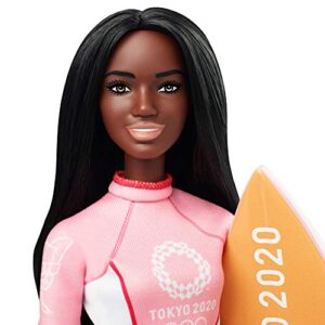 Barbie Olympic Games Tokyo 2020 Surfer Doll with Surf Uniform, Tokyo 2020 Jacket, Medal, Tokyo 2020 Surfboard with Fins for Ages 3 and Up