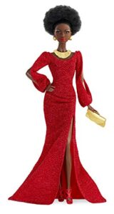 barbie signature 40th anniversary first black doll, approx. 12-in, wearing red gown, with accessories, doll stand and certificate of authenticity