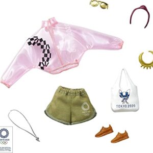 Barbie Storytelling Fashion Pack of Doll Clothes Inspired by The Olympic Games Tokyo 2020: Pink Transparent Jacket, Shorts and 6 Accessories Dolls, Gift for 3 to 8 Year Olds