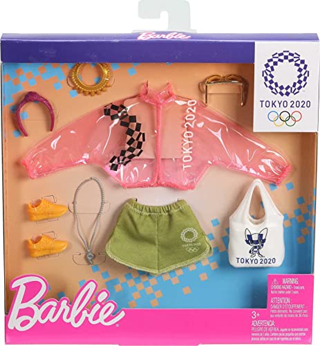 Barbie Storytelling Fashion Pack of Doll Clothes Inspired by The Olympic Games Tokyo 2020: Pink Transparent Jacket, Shorts and 6 Accessories Dolls, Gift for 3 to 8 Year Olds