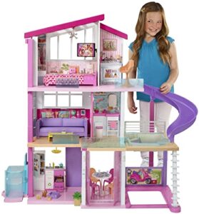 barbie dreamhouse, doll house playset with 70+ accessories including transforming furniture, elevator, slide, lights & sounds (amazon exclusive)