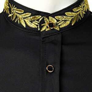 ZEROYAA Men's Luxury Gold Embroidery Design Slim Fit Long Sleeve Button Up Dress Shirts ZHCL44-Black Large