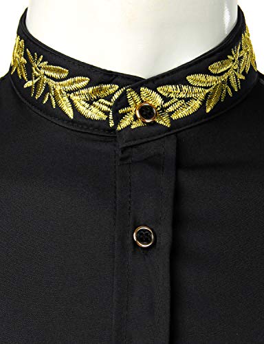 ZEROYAA Men's Luxury Gold Embroidery Design Slim Fit Long Sleeve Button Up Dress Shirts ZHCL44-Black Large