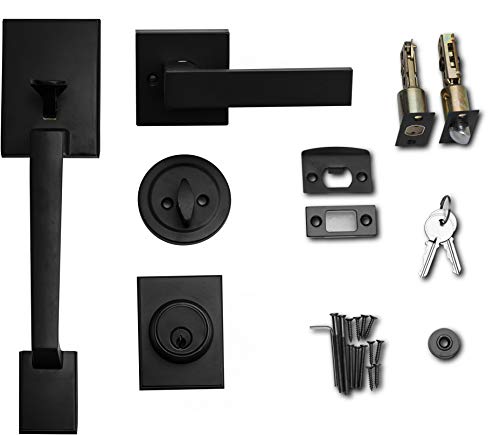 Berlin Modisch Single Cylinder HandleSet with Lever Door Handle (for Entrance and Front Door) Reversible for Right and Left Handed and a Single Cylinder deadbolt Handle Set Iron Black Finish