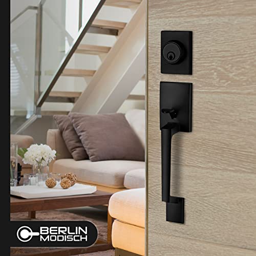 Berlin Modisch Single Cylinder HandleSet with Lever Door Handle (for Entrance and Front Door) Reversible for Right and Left Handed and a Single Cylinder deadbolt Handle Set Iron Black Finish