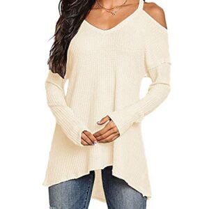 YOINS Pullover Sweaters for Women Jumpers Sexy V Neck Cold Shoulder Long Sleeves Casual Loose Fashion Knitted Tee Tops Blouse NEWVSN001-Beige S