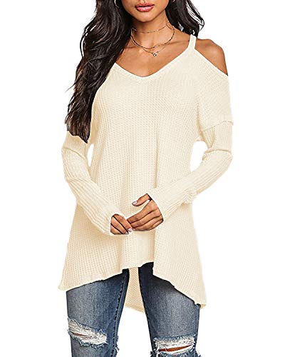 YOINS Pullover Sweaters for Women Jumpers Sexy V Neck Cold Shoulder Long Sleeves Casual Loose Fashion Knitted Tee Tops Blouse NEWVSN001-Beige S