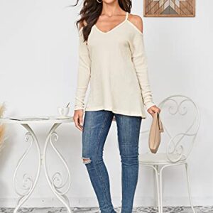 YOINS Pullover Sweaters for Women Jumpers Sexy V Neck Cold Shoulder Long Sleeves Casual Loose Fashion Knitted Tee Tops Blouse NEWVSN001-Beige S