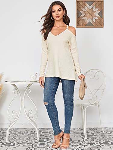 YOINS Pullover Sweaters for Women Jumpers Sexy V Neck Cold Shoulder Long Sleeves Casual Loose Fashion Knitted Tee Tops Blouse NEWVSN001-Beige S