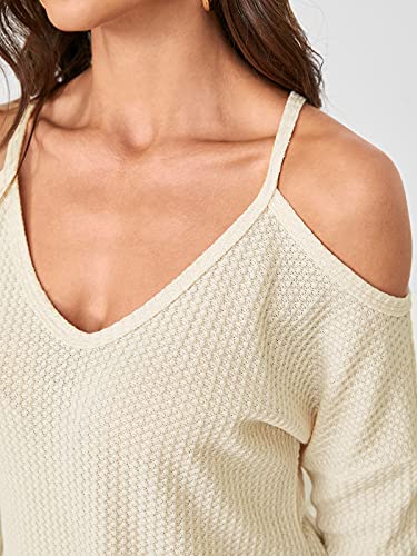 YOINS Pullover Sweaters for Women Jumpers Sexy V Neck Cold Shoulder Long Sleeves Casual Loose Fashion Knitted Tee Tops Blouse NEWVSN001-Beige S