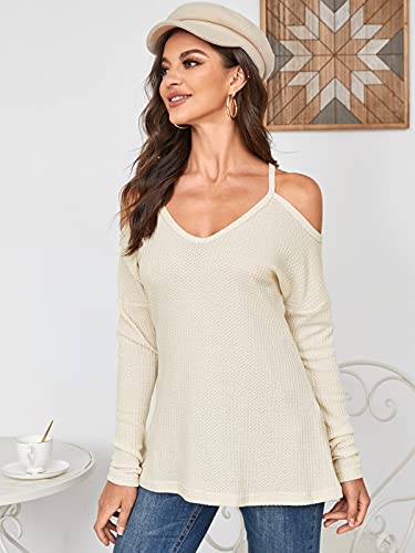 YOINS Pullover Sweaters for Women Jumpers Sexy V Neck Cold Shoulder Long Sleeves Casual Loose Fashion Knitted Tee Tops Blouse NEWVSN001-Beige S